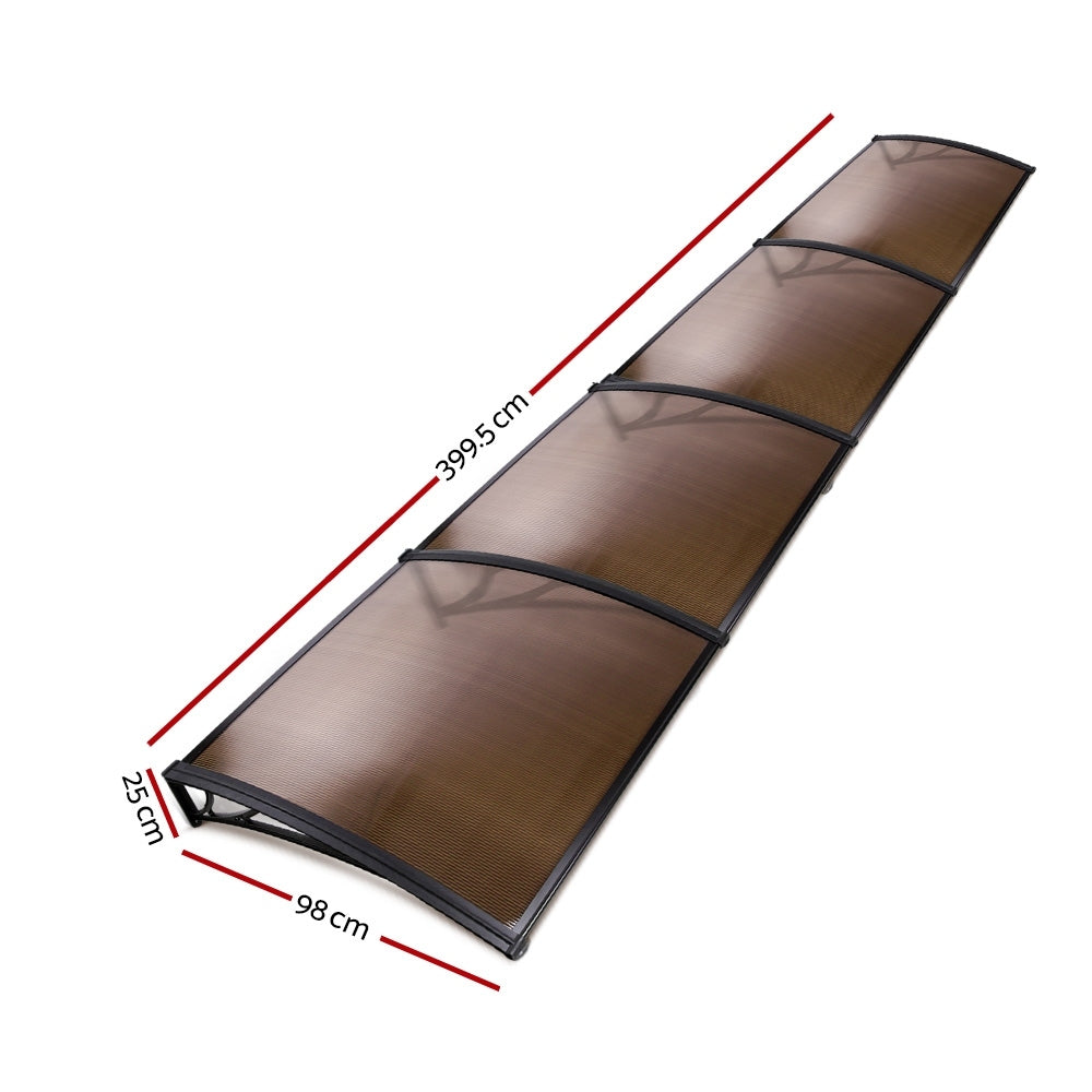 Instahut Window Awning Door Canopy 1m x 4m Brown Sheet Black Plastic F ...
