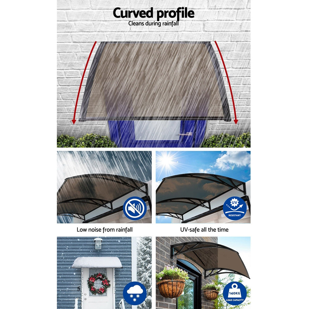Instahut Window Awning Door Canopy 1m x 4m Brown Sheet Black Plastic F ...