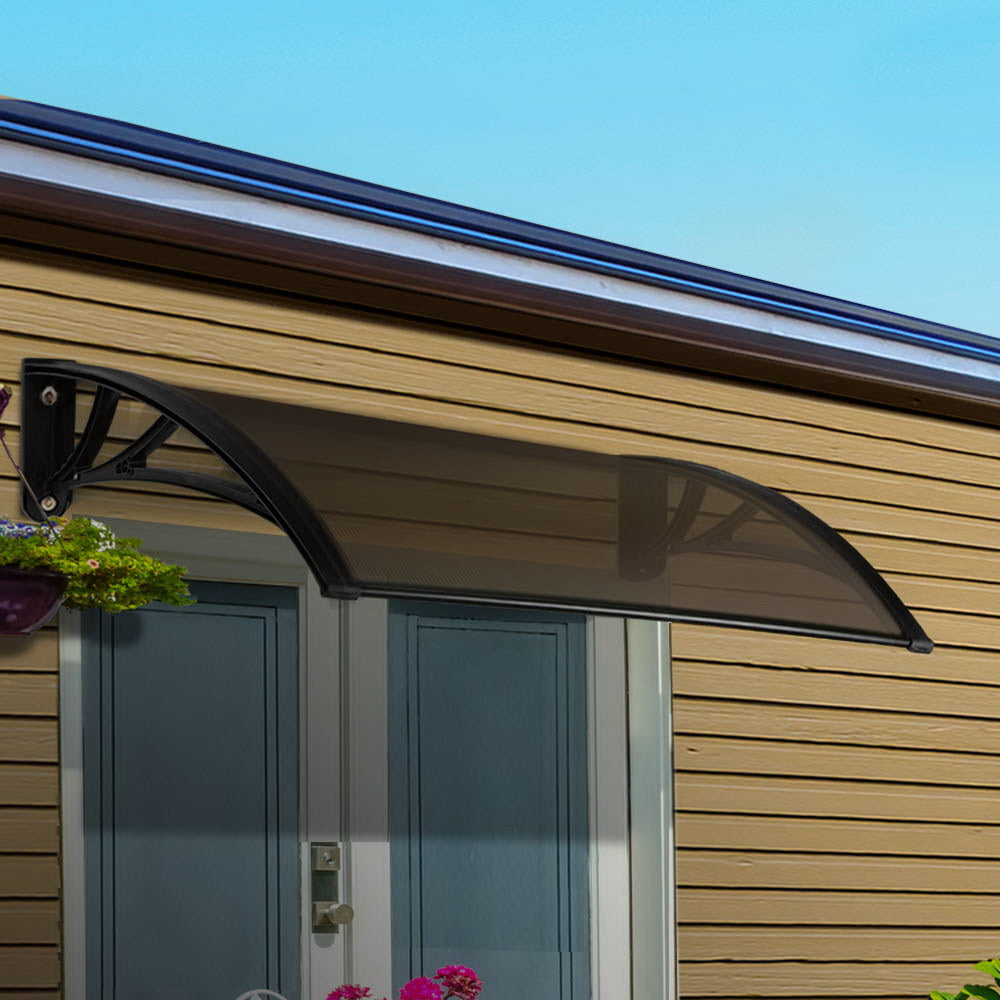 Instahut Window Awning Door Canopy 1m x 4m Brown Sheet Black Plastic F ...