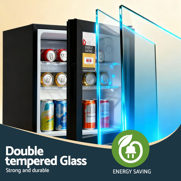 Devanti 40L Bar Fridge Glass Door Mini Fridge Countertop Cooler Black ...