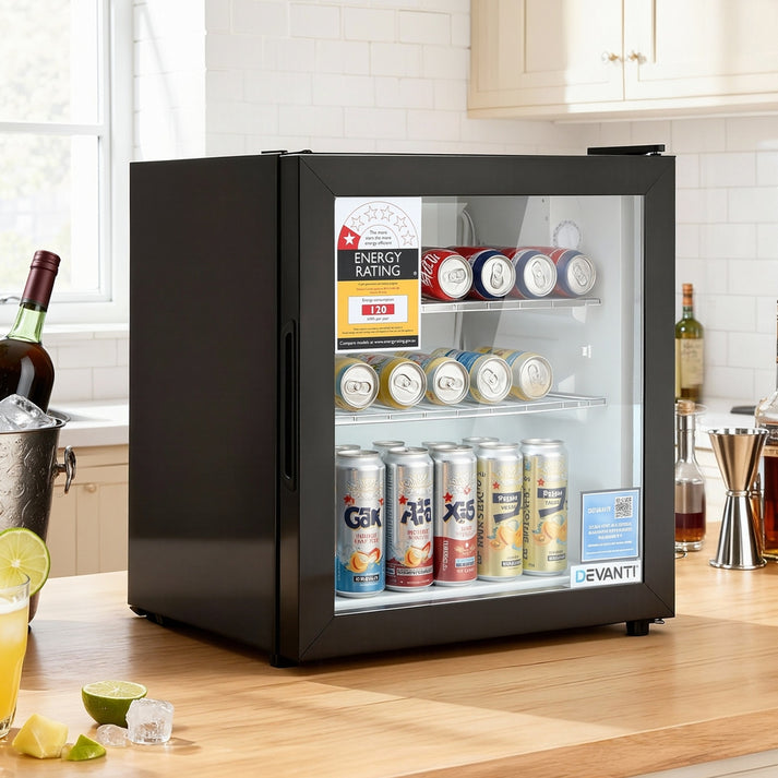 Devanti 40L Bar Fridge Glass Door Mini Fridge Countertop Cooler Black ...