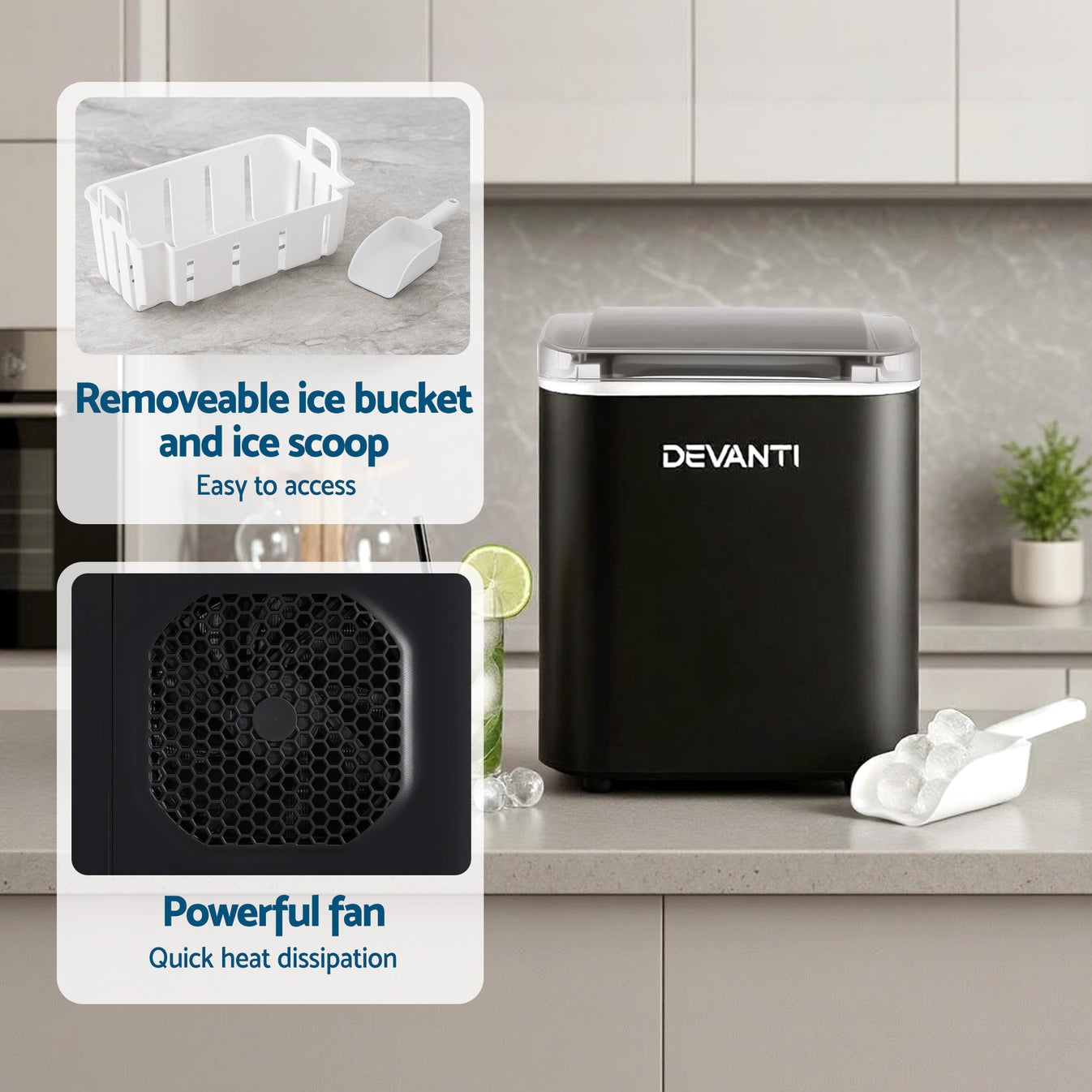 Devanti Ice Maker Machine Portable 12kg Countertop w/Self Cleaning 1.2 ...