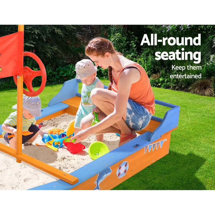 Keezi Kids Sandpit Wooden Boat Sand Pit with Canopy Bench Seat Beach ...