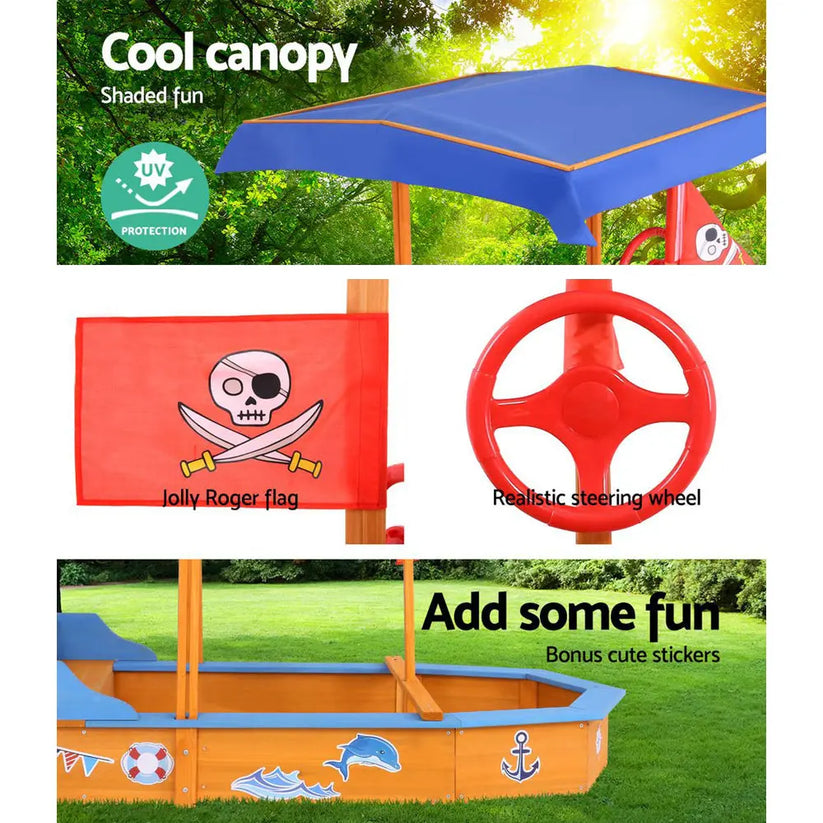 Keezi Kids Sandpit Wooden Boat Sand Pit with Canopy Bench Seat Beach ...