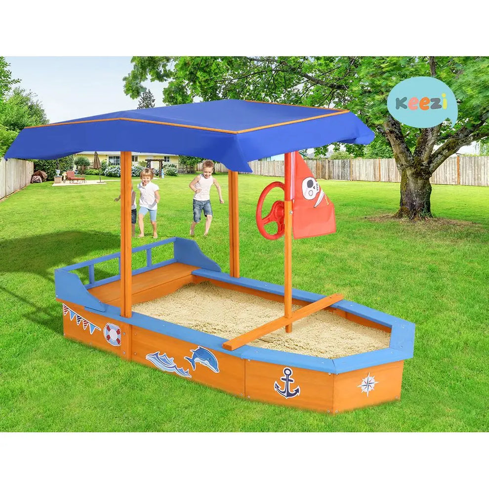 Keezi Kids Sandpit Wooden Boat Sand Pit with Canopy Bench Seat Beach ...