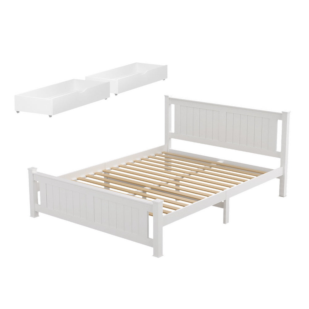 Artiss Bed Frame Queen Size Wooden Platform with 2 Storage Drawers Whi ...